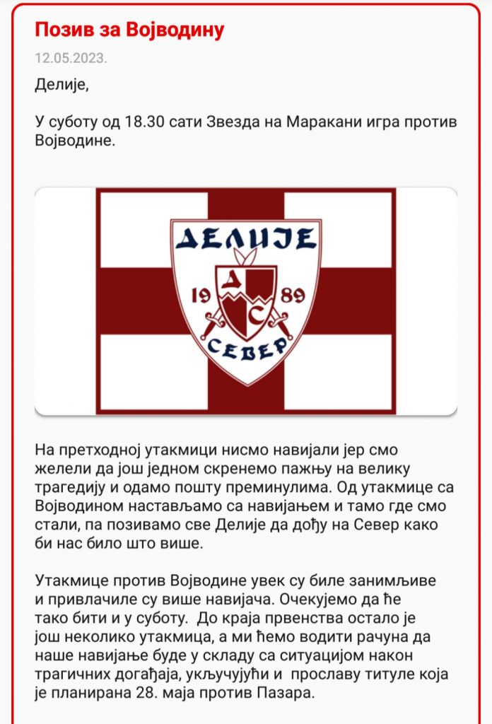 SAOPŠTENJE "DELIJA": Protiv Voše svi na "sever", navijaćemo u skladu sa ...